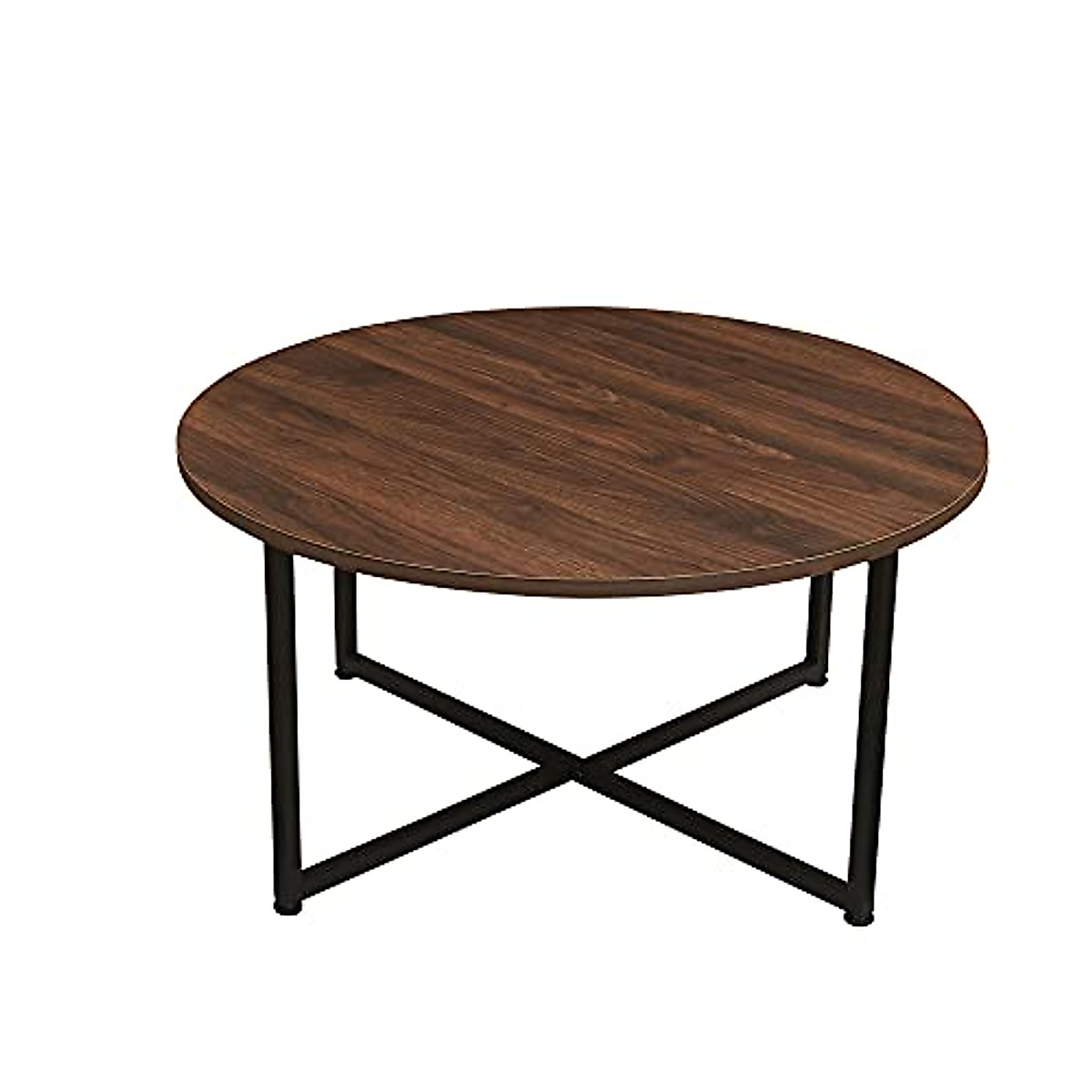 Household Essentials Jamestown Round Coffee Table Mid Century Walnut Wood Grain and Black Metal