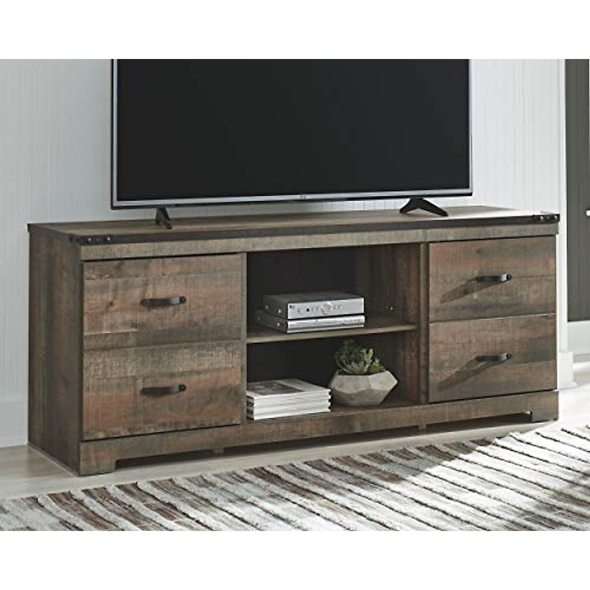 Signature Design by Ashley Trinell Rustic TV Stand with Fireplace Option Fits TVs up to 58", Natural Brown