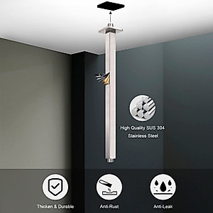 HarJue Ceiling Mounted Shower Arm, Rain Shower Head Square Extension Arm with Flange and Teflon Tape Stainless Steel Ceiling Mount Shower Extender for Fixed Shower Head (16 Inch, Brushed Nickel)