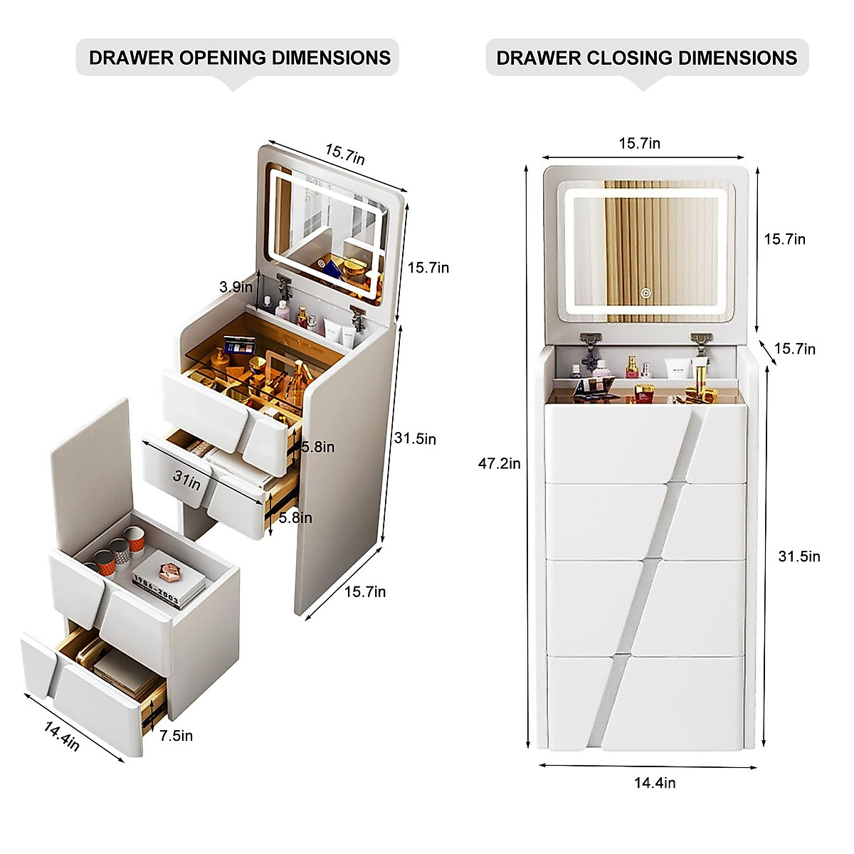 Vanity Desk with Lighted Mirror, Flip Top Vanity Makeup Table with 4 Drawers and Soft Cushioned Stool, Small Space Saving Dressing Table for Women Girls Bedroom, White