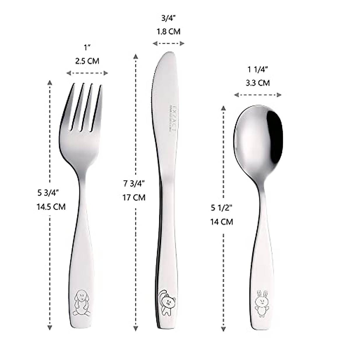 Exzact Children's Flatware Kids Silverware 9pcs/Toddler Utensils 3 x Forks, 3 x Safe Dinnerknives, 3 x Dinner Spoons - Dog Cat Bunny Engraved Design