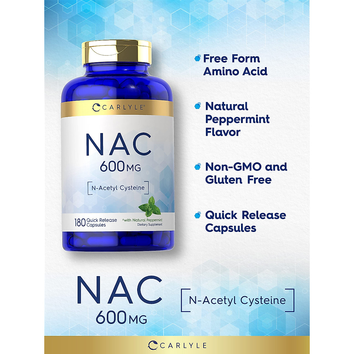 Carlyle NAC N-Acetyl Cysteine 600mg | 180 Capsules | with Peppermint | Free Form Supplement | Non-GMO, Gluten Free