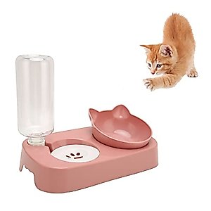 Pet Water Food Bowls, Dog Cat Bowl with Automatic Water Dispenser Bottle Automatic Water Feeder Food Dish Set for Dogs Cats (Pink)