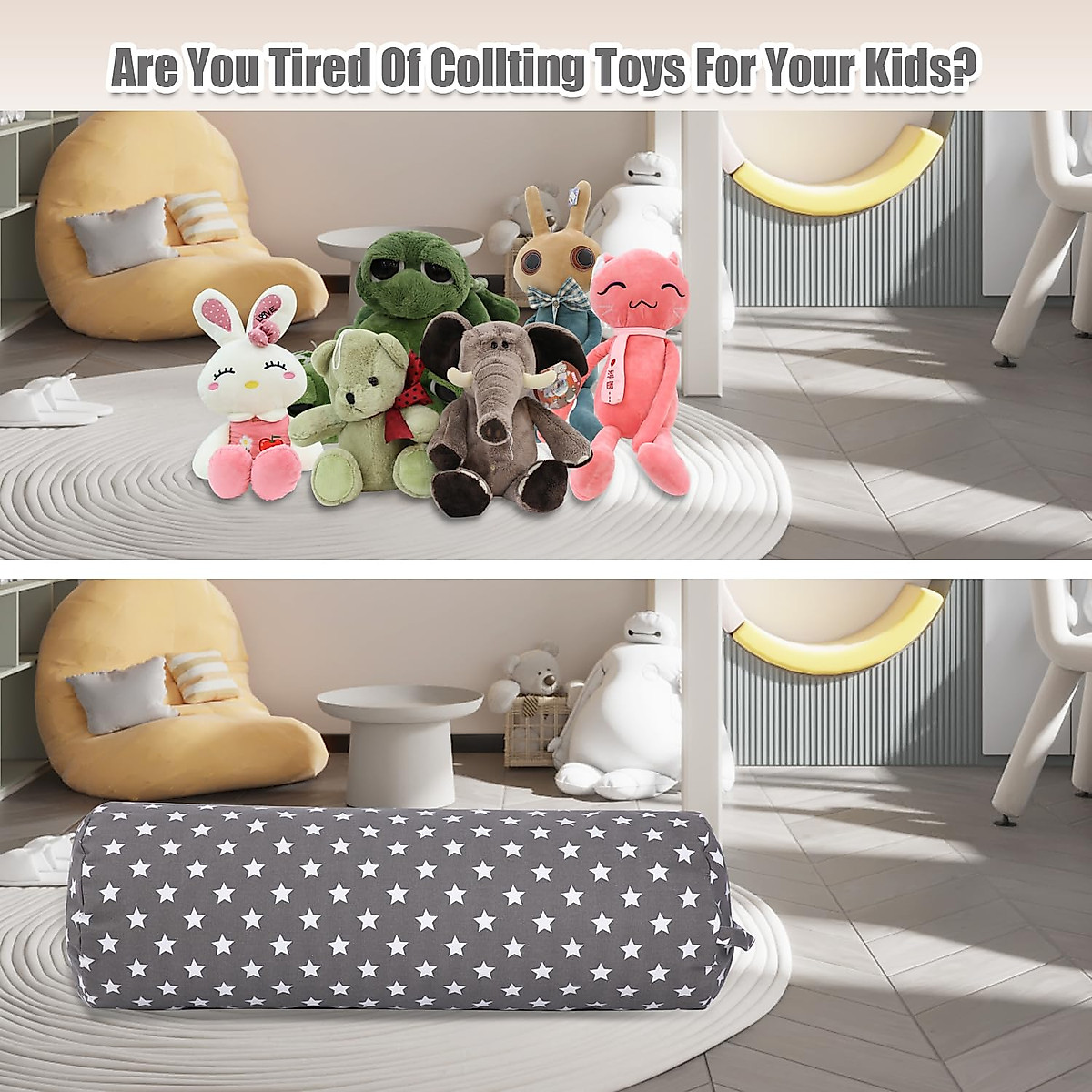 SANFERGE Stuffed Animal Storage Bean Bag Chair Cover (No Filler), Cylinder Plush Toy Storage Stuff and Sit Seat for Kids Boys and Girls, Canvas Large Soft Sit & Play Sofa with YKK Zipper