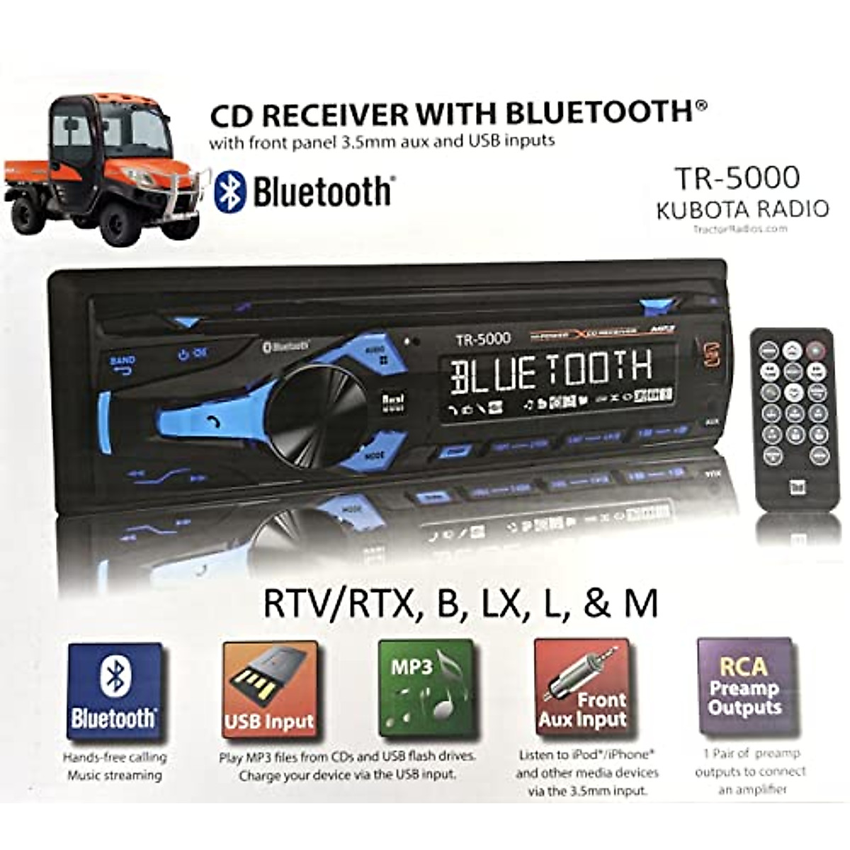 Kubota Tractor Radio CD Player AM FM Stereo Receiver MP3 USB Aux Bluetooth Remote RTV-1100 RTX-1100C Harness Plug B2650 RTV RTX