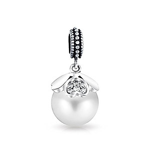 Vintage Style Heart Cap White Simulated Pearl Dangle Charm Bead For Women .925 Sterling Silver Fits European Bracelet