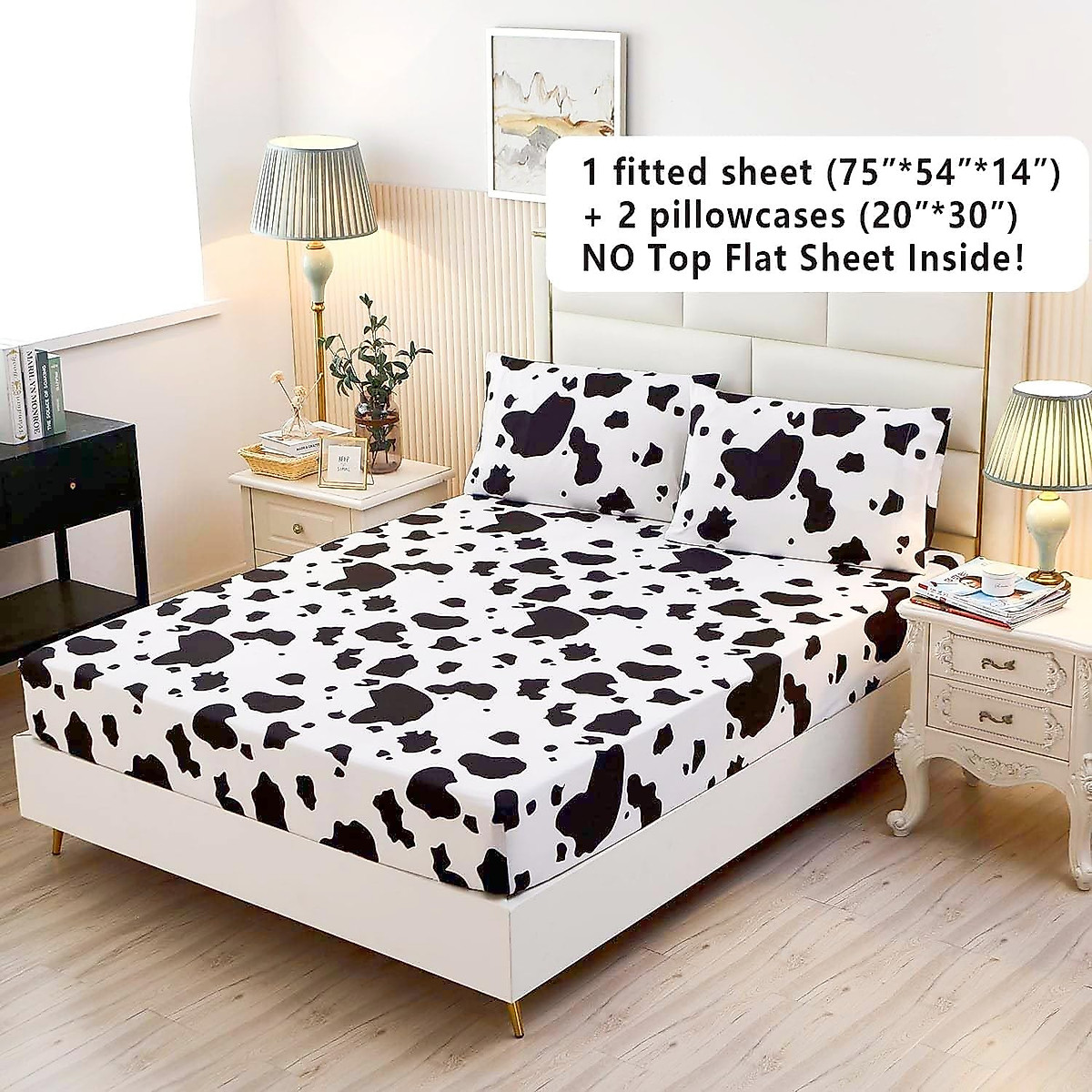 SDY 3PCS Milk Cow Print Stuff Bedding Fitted Sheet Set Queen Size, Cartoon Cow Pattern Fitted Sheet with Deep Pocket and 2 Pillowcases, Cute and Cozy, Kawaii Bed for Kids, Children, Boys, Girls, Teens