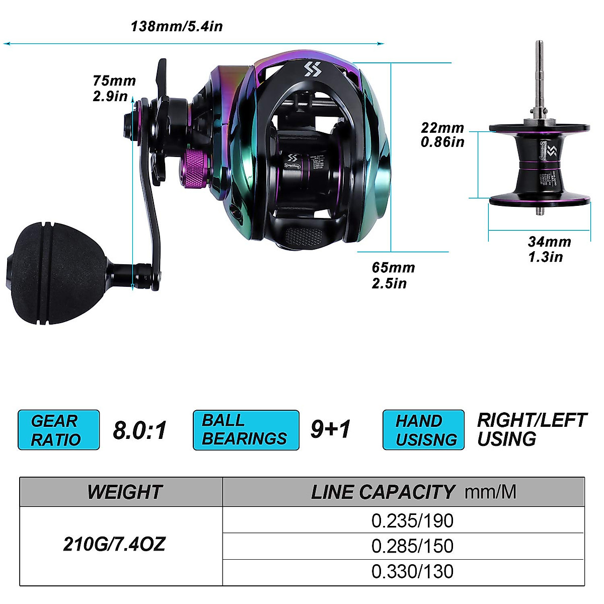 Sougayilang Baitcasting Reels - Colorful Fishing Reel, High Speed Baitcaster with 9+1 Ball Bearings, Gear Ratio 8.0:1, Magnetic Brake System Power Handle Casting Reels -Right Handed-Colorful