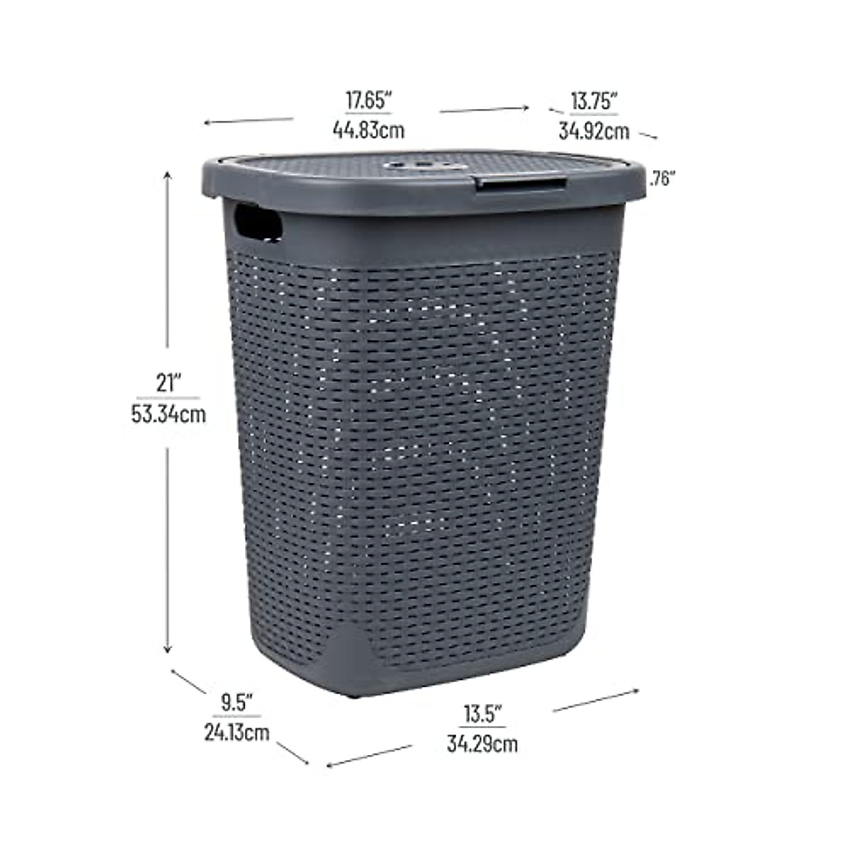 Mind Reader Basket Collection, Slim Laundry Hamper, 50 Liter (15kg/33lbs) Capacity, Cut Out Handles, Attached Hinged Lid, Ventilated, 17.65"L x 13.75"W x 21"H, Gray