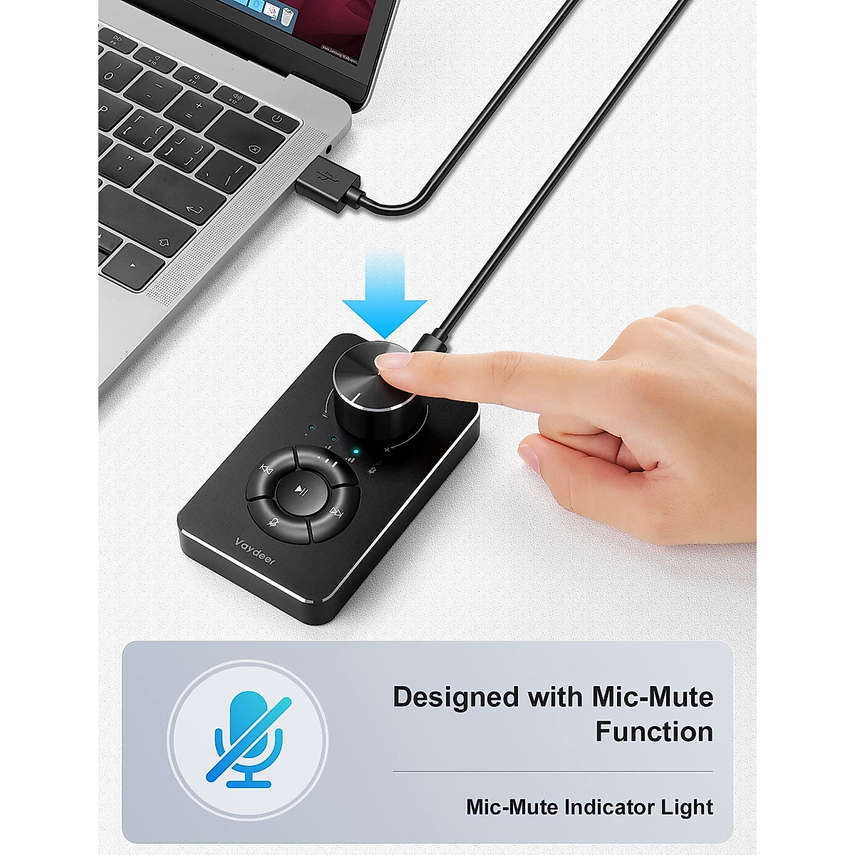 Vaydeer Multimedia Controller Knob with Mic-Mute Function and Safe Volume Range Setting, USB C Port Audio Adjuster Volume Controller Compatible with Win 7/8/10/11 and Mac OS.