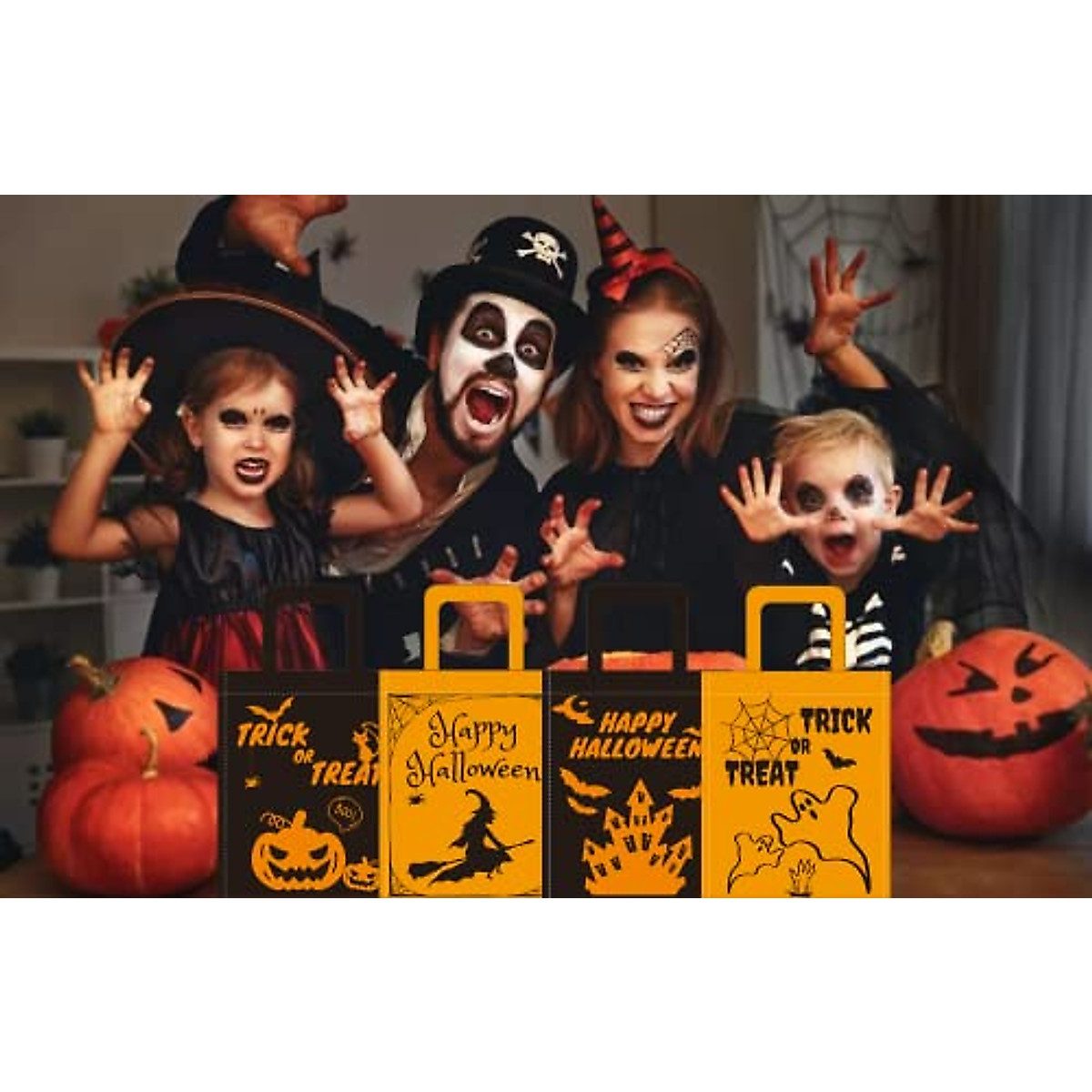 Crethinkaty 12 Packs Halloween Trick or Treat Non-woven Tote Bags, Pumpkin Spider Bat Witch Haunted House Reusable Goodie Treat Bags with Handle for Halloween Party Favors for Kids - 12*10IN