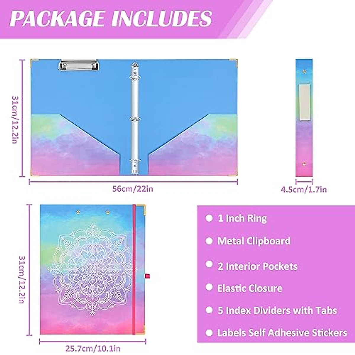 3 Ring Binder with Clipboard, Binder for Men and Women, Binder Dividers with Tabs，1 Inch Binder for School Supplies, Office Supplies, Portfolio Binder(Powder Blue Mandala)