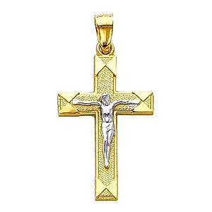 The World Jewelry Center 14k REAL Two Tone Gold Jesus Cross Religious Pendant with 1.5mm Flat Open Wheat Chain Necklace - 24"
