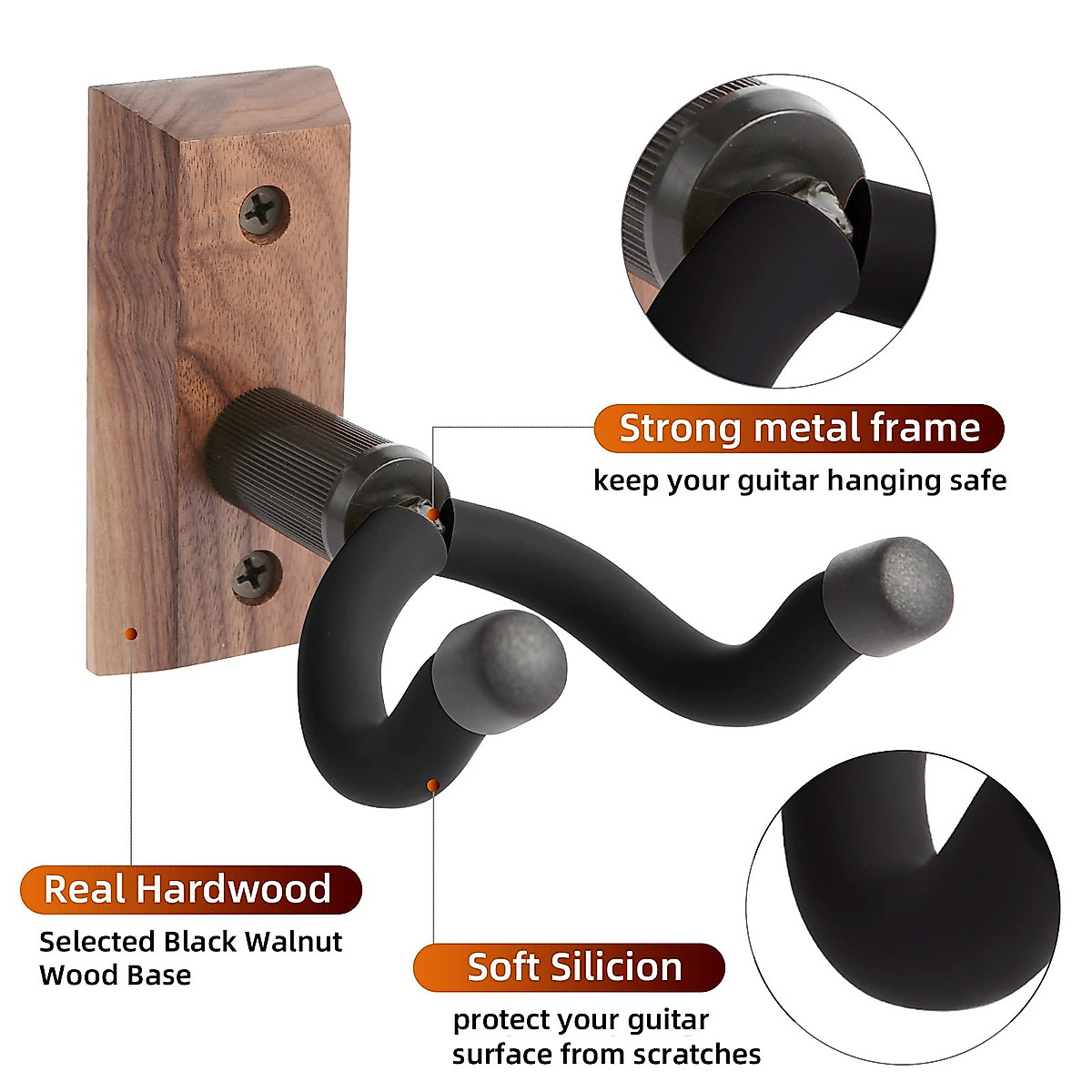 VEINTICO Guitar Wall Hanger, Guitar Wall Mounts 2 Pack, Guitar Hanger Hook Bracket Holder for Acoustic and Electric Guitars Bass Banjo Mandolin, Black Walnut Wood base