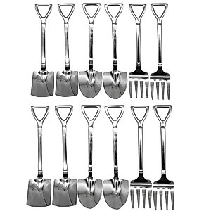 Pinenjoy 12Pcs Shovel Spoons and Fork Set 18/10(304) Stainless Steel Spade Shape Silverware Set 6.1inch Mini Spoon for Dessert Coffee Yogurt Cake Fruit Ice Cream