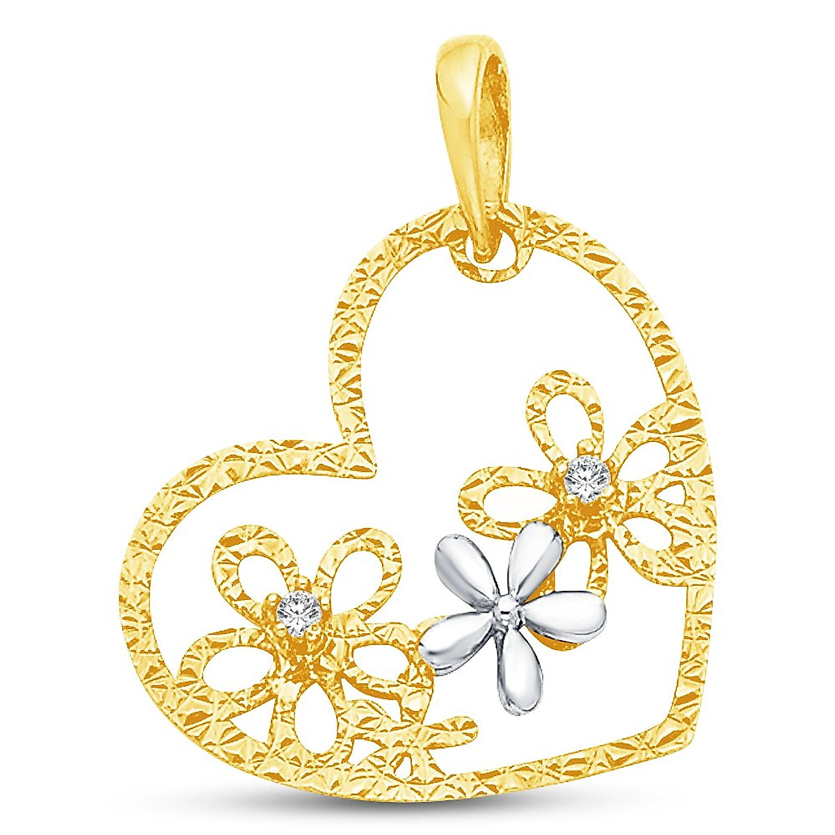 14K Two 2 Tone White and Yellow Gold Ornate Flower Heart Charm Pendant with CZ Cubic Zirconia Accent (20x16 mm)