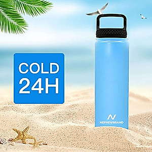 NEPHEWBRAND Sport Water Bottle – 21 Oz Wide Mouth Insulated Vacuum with 3 Lids - Leak Proof, BPA Free - Sky-Blue