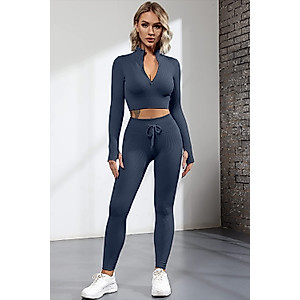QINSEN Workout Sets for Women 2 Piece Seamless Long Sleeve Crop Tops Ribbed High Waist Leggings (M, Y118 Dark Blue)