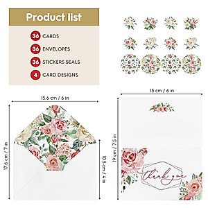 Artoid Mode 36 Pack Rose Floral Thank You Cards Wedding Greeting Cards Gift With Envelope Sticker Blank Note Cards for Birthday Wedding Baby Shower Bridal Shower, 4 x 6 Inch