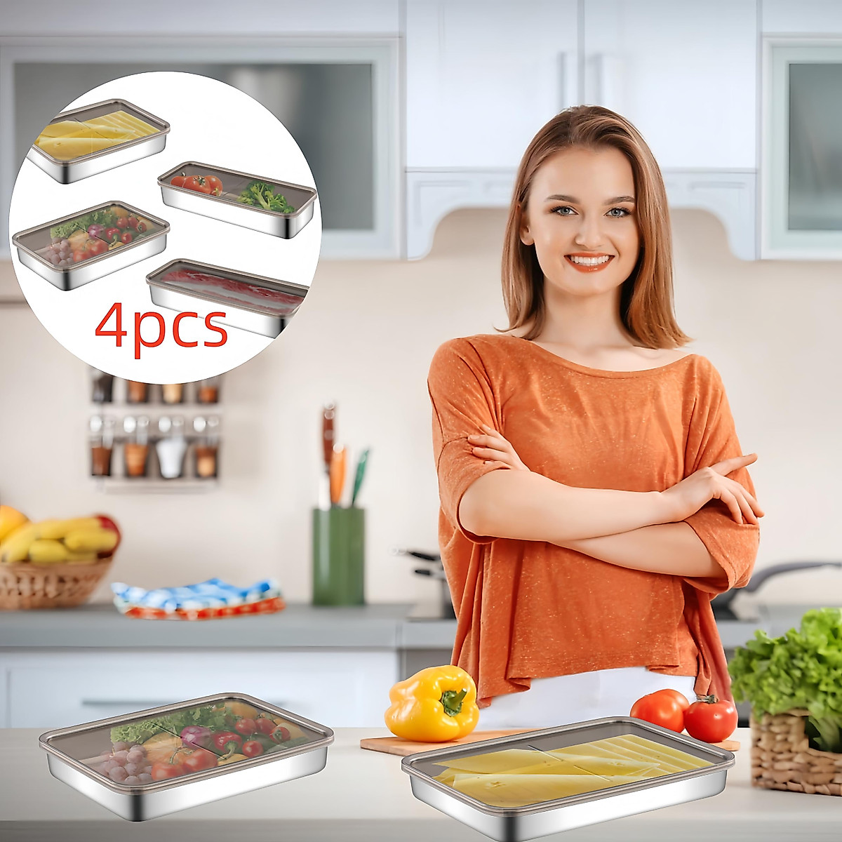 BigKing 2 Pack Bacon Keeper Container, Cheese Container for Fridge,Lunch Meat Container for Refrigerator, Stainless Steel Deli Containers,Fridge Organizers and Storage with Lids Stackable (4 Pack)