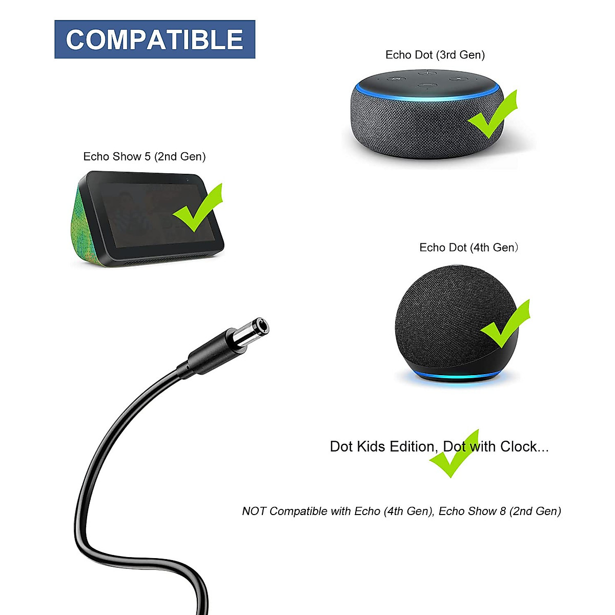 Lantisri 15W Charger Adapter Power Cord Replacement for Alexa Dot 3rd Gen, 4th Gen, Dot Kids Edition, Dot with Clock, Extra Long 6 ft Cable Cord