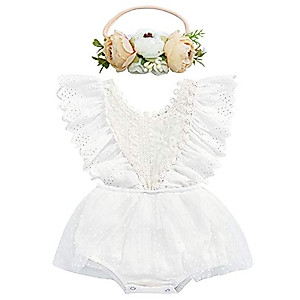 BGFKS Lace Ruffle Sleeve Romper Tutu for Baby Girl,Newborn Toddler Girls Bodysuit Tutu Dress with Flower Headband (White, 6-12 Months)