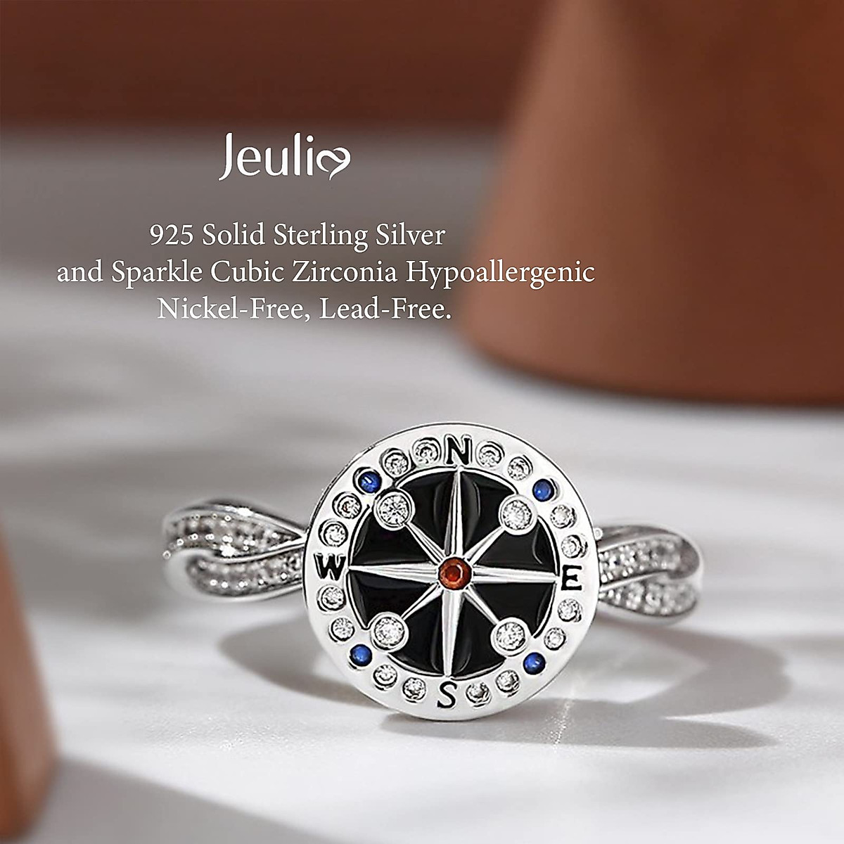 Jeulia Sterling Silver Rotating Ring Compass for Women Men Diamond Solitaire Engagement Ring Romantic Anniversary Engagement Jewelry Gifts (Life's Journey, 8.5)
