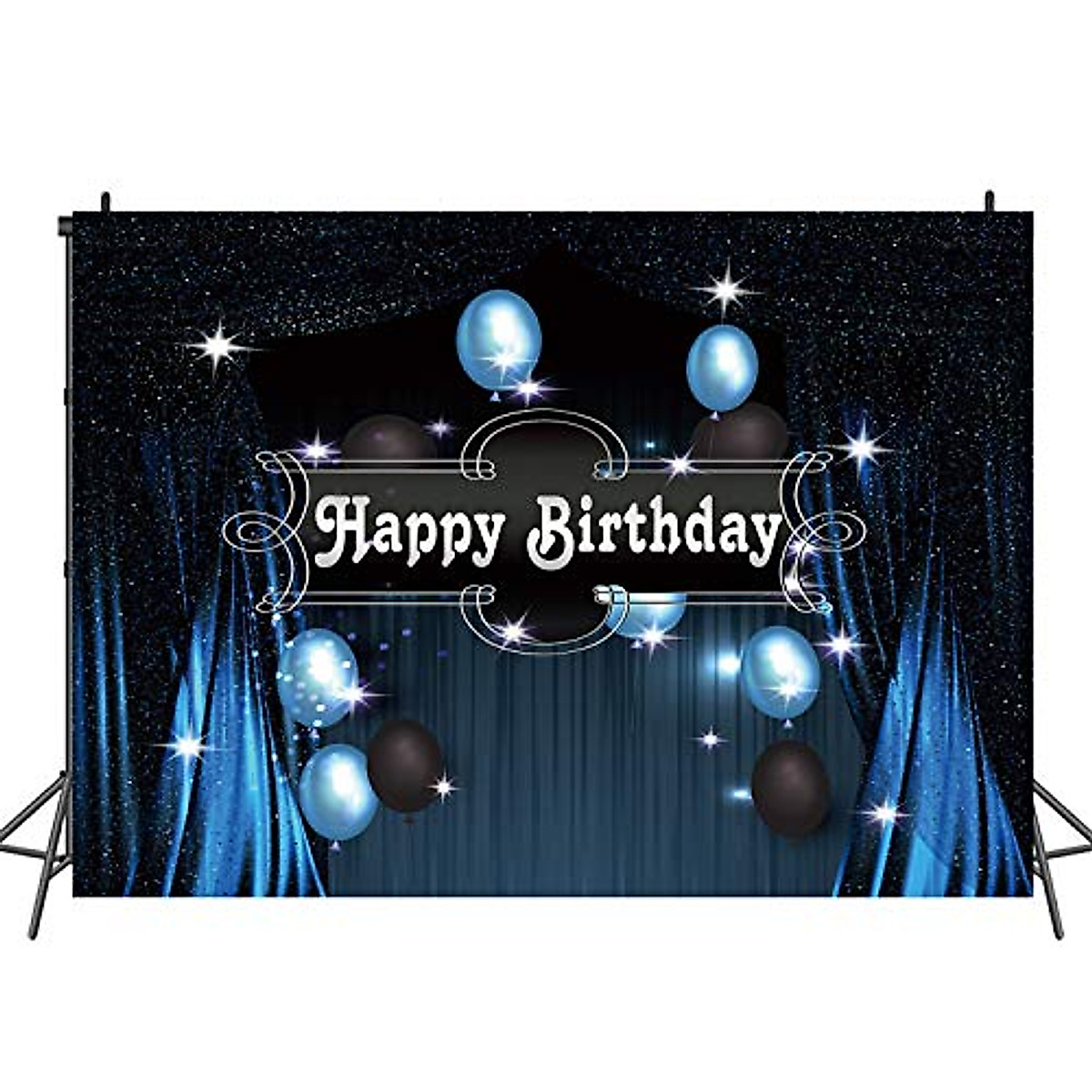 7x5 Happy Birthday Party Backdrop Blue Black Starry Curtain Photography Background Blue Ballon Starry Stars Women Adult Baby Children Man Boy Birthday Party Decoration Photo Studio Booth