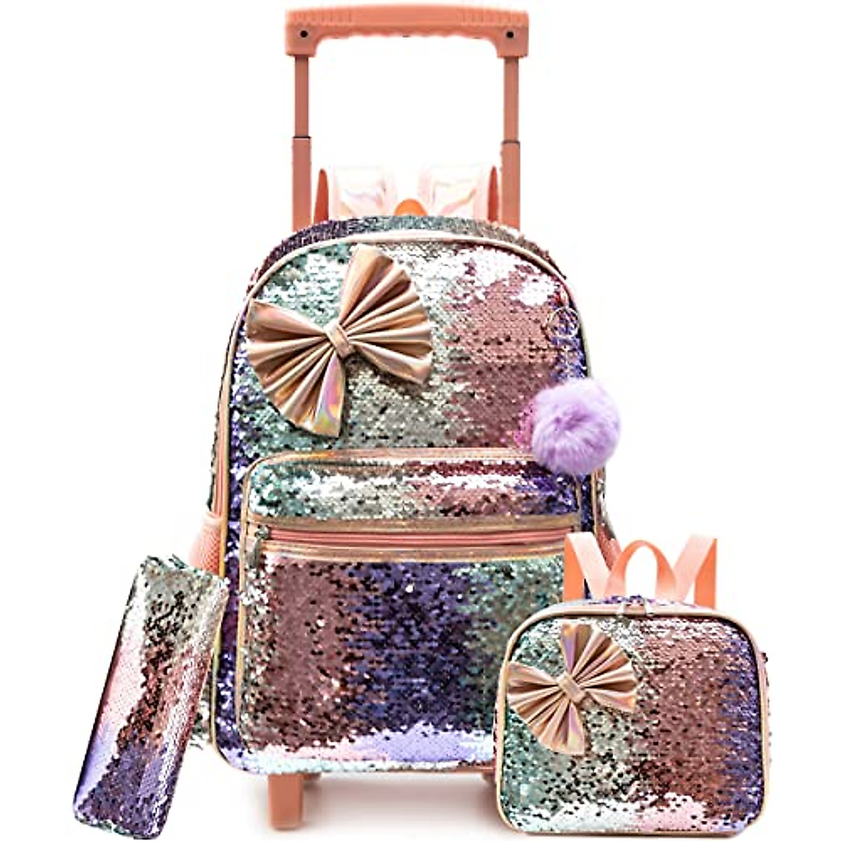 Bowknot Rolling Backpack for Girls Roller Backpacks with Wheels Kids Wheeled Sequin Suitcase Trolley Trip Luggage for Elementary School Student with Lunch Box Pencil Case for Kids 5-12 Years Old