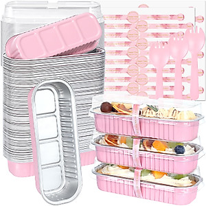 JuneHeart Mini Loaf Pans with Lids and Spoons, 100 Pack, Pink, 6.8oz, Rectangular Aluminum Foil Baking Pans