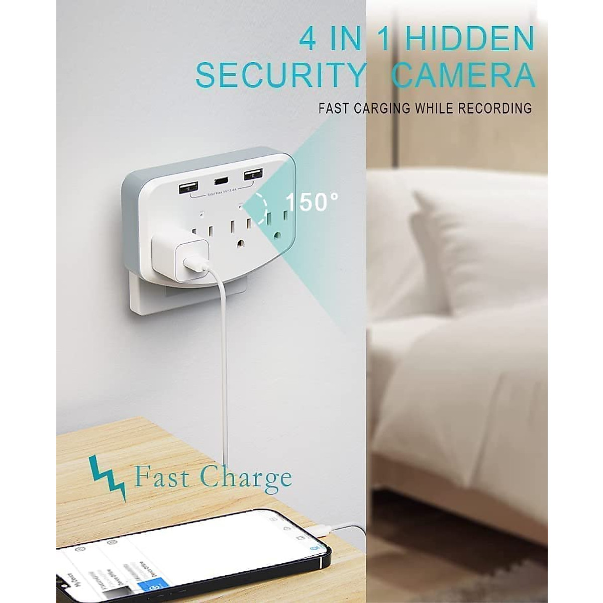 Hidden Camera WiFi Spy Camera Hidden Cameras Wall Charger Nanny Cam with USB Fast Charger Outlet HD 1080P Wireless for Home Security Secret Camera 20W PD Charging Port