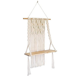 Macrame Shelf - Cute Macrame Hanging Shelf - 1 Tier Macrame Shelf Hanging Ideal for Bohemian Wall Decor to Display Plants, Artwork Pictures Books and Home Decor Items