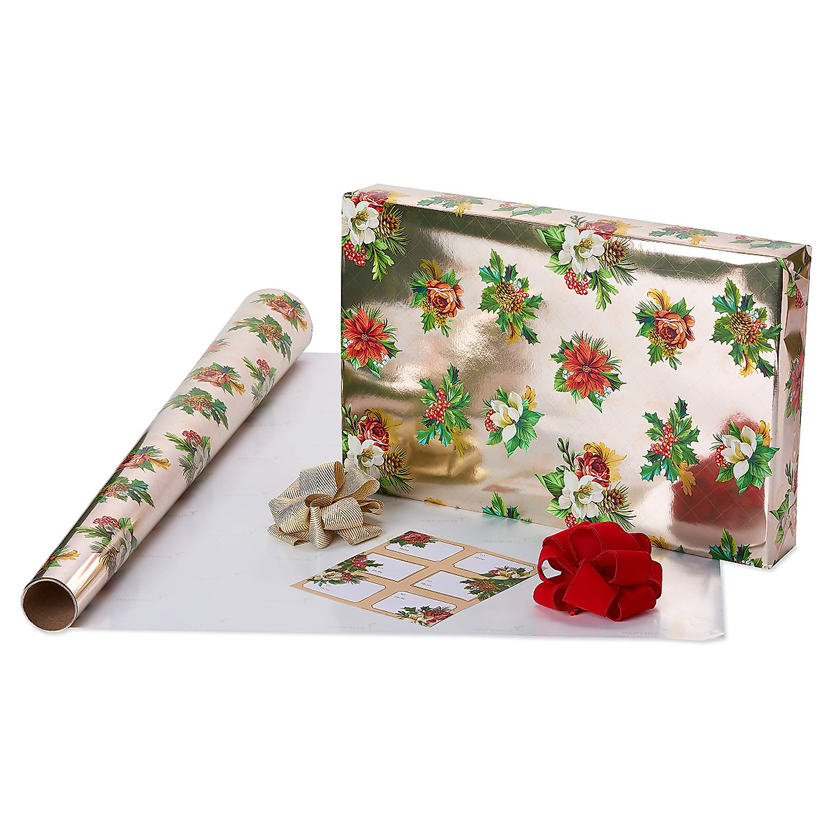 Papyrus Vintage Christmas Wrapping Paper Set, Holiday Traditions (2 Rolls 40 sq. ft., 3 Bows, 1 Ribbon, 3 Gift Tags, 12 Labels)