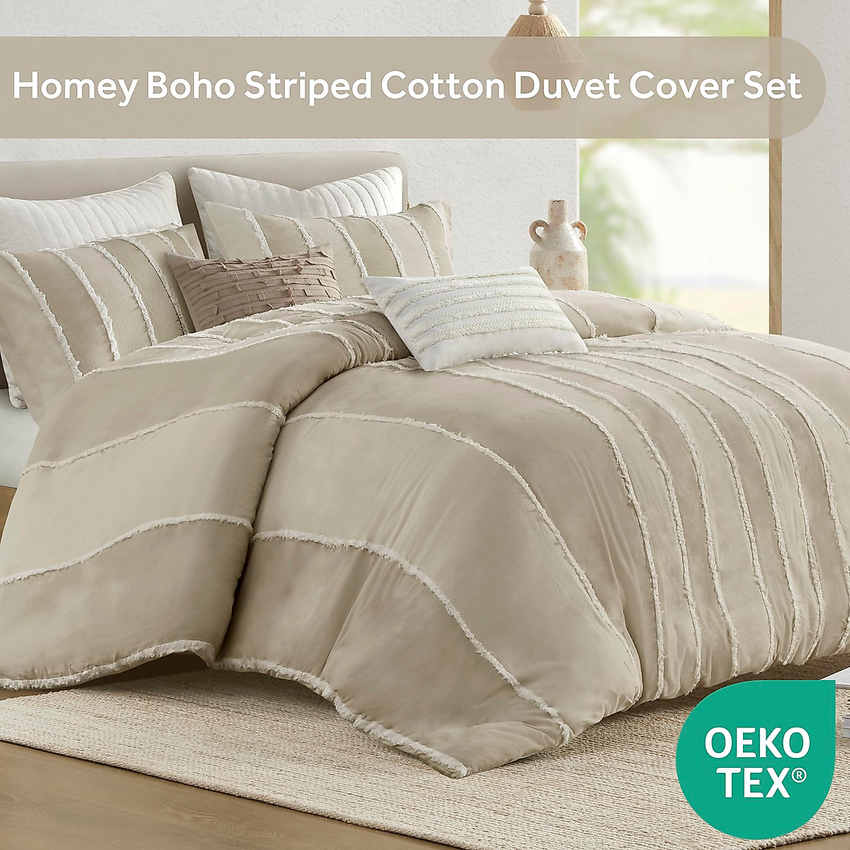 INK+IVY King Duvet Cover Set Boho Duvet Covers Stripes, Clipped Jacquard, Cotton Duvet Cover for King Size Bed, All Season Lightweight King Bedding Cover & Shams, Shay, King/Cal King, Taupe 3 Piece