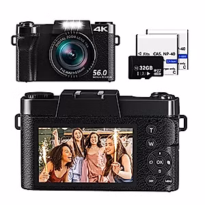 Saneen Digital Camera, 4K & 56MP Cameras for Photography, Small & Compact Vlogging Video Camera for Teens, Kids, Beginners, Equipped with 16X Digital Zoom, 32GB SD Card & 2 Rechargeable Batteries