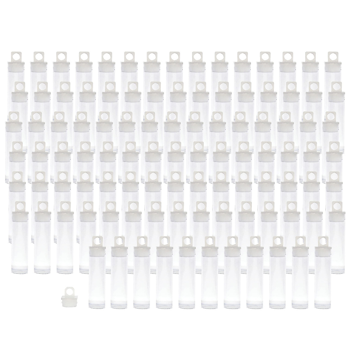 The Beadsmith Clear Plastic Tubes - 2-Inch-Long Round Tubes, 9/16 Inches in Diameter - Hanging Caps - Use for Beads, Bath Salts, Wedding & Party Favors, Home or Office Storage - Bag of 100