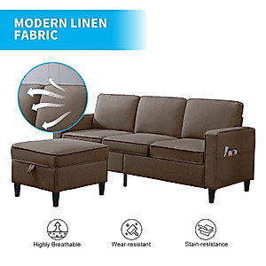 PUREMIND 78 Inches L Shaped Sofa, Linen L Shape Sectional Couches for Living Room, 3 Seater Sofa Couch with Storage Ottoman and Armchair, Sectional Sofa L Shape for Apartment/Small Space
