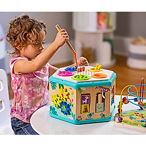 Pidoko Kids Wooden Activity Cube with 2 Tops - Montessori Center Birthday Gifts for 18 Months + Year Old Toddlers - Developmental Learning Baby Girl Boy Toys - Educational Bead Maze Set and Zoo Book