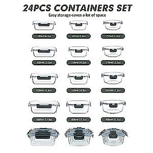 VERONES 24 Pieces Glass Food Storage Containers Set, Airtight Glass Lunch Containers, Stackable Glass Meal Prep Containers with Lids,BPA-Free, for Microwave, Oven, Freezer & Dishwasher Friendly,Grey