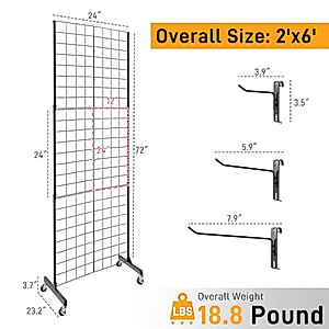 Bonnlo 2' x 6' Detachable Girdwall for Easy Transport, Standing Grid Tower, Thicker 5mm Wire, 180 LBS Weight Capacity Grid Panel with Legs and Extra Hooks, Display Rack for Retail and Craft Fair (2)