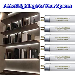 22 Inch T5 Fluorescent Light Bulb 14 Watt F14T5/WW Compatible with Sylvania Satco Philips GE Under Cabinet Lamp Light 3000K Warm White 800 Lumen G5 Base 6 Count
