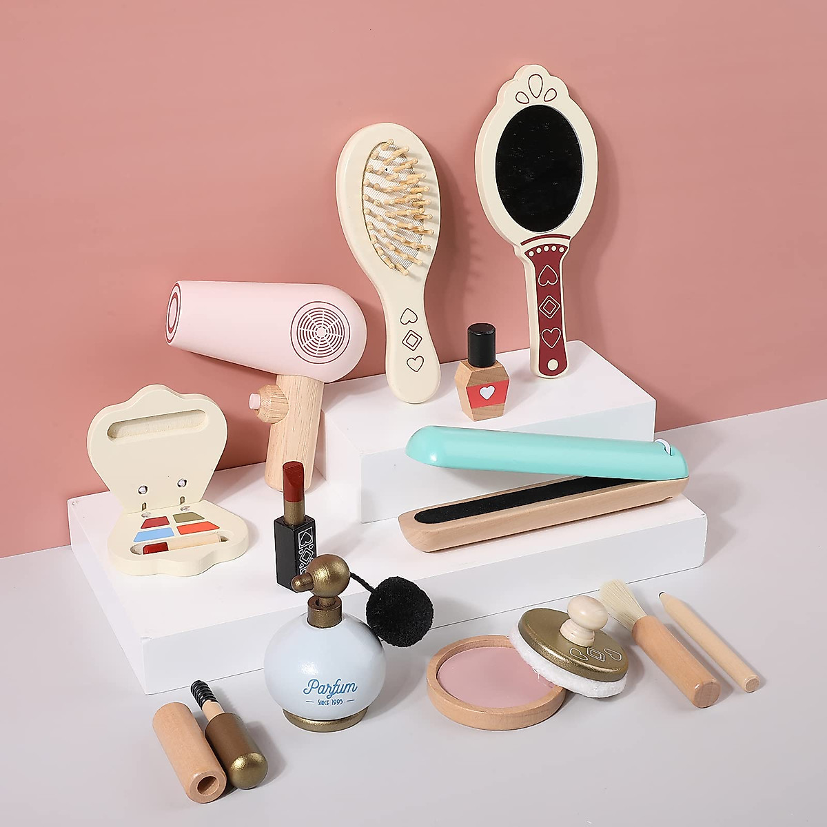 XAOHAO Pretend Play,Wooden Beauty Salon Toys for Girls, Make Up Set Toy Gift,15 Pieces Makeup Play Set with Makeup,Perfume,Lipstick,Mirror, Hair Dryer,Mascara, Cosmetics Case and Storage Bag