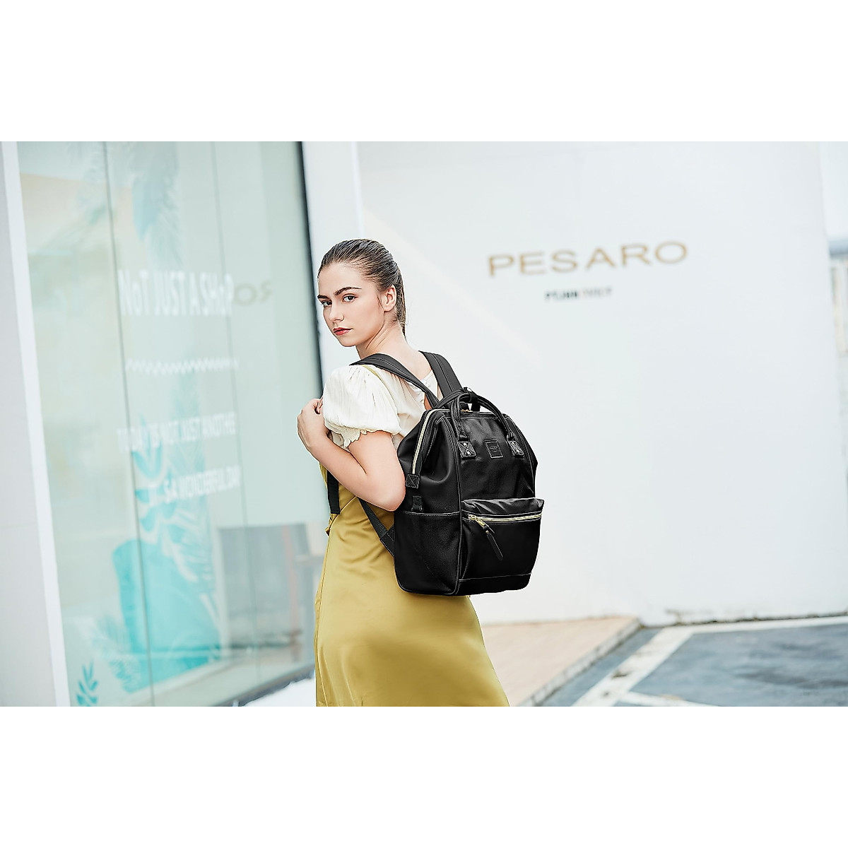 Kah&Kee Leather Backpack Diaper Bag Laptop Travel Doctor Teacher Bag For Women Man (Black II)