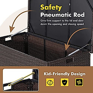 Tangkula 50 Gallon Wicker Deck Storage Box, Patio Rattan Storage Container with 2 Universal Wheels, Safety Pneumatic Rod, Zippered Liner, Sturdy Steel Frame, Ideal for Backyard, Poolside (Mix Brown)