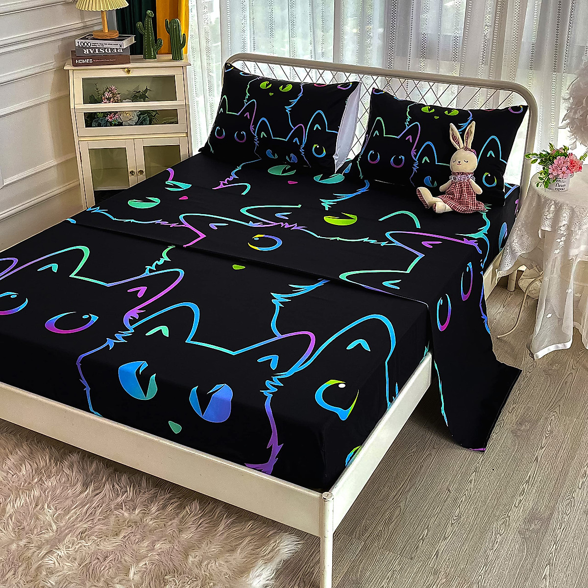 BailiPromise Cute Cartoon Cat Sheets Set Twin Size,Kawaii Simple Strokes Animals Kids Bed Sheets with Pillowcase,Cot Sheets Fitted Sheet with 16" Deep Pocket,for Girls Boys Teen Bedding 4 Piece Set