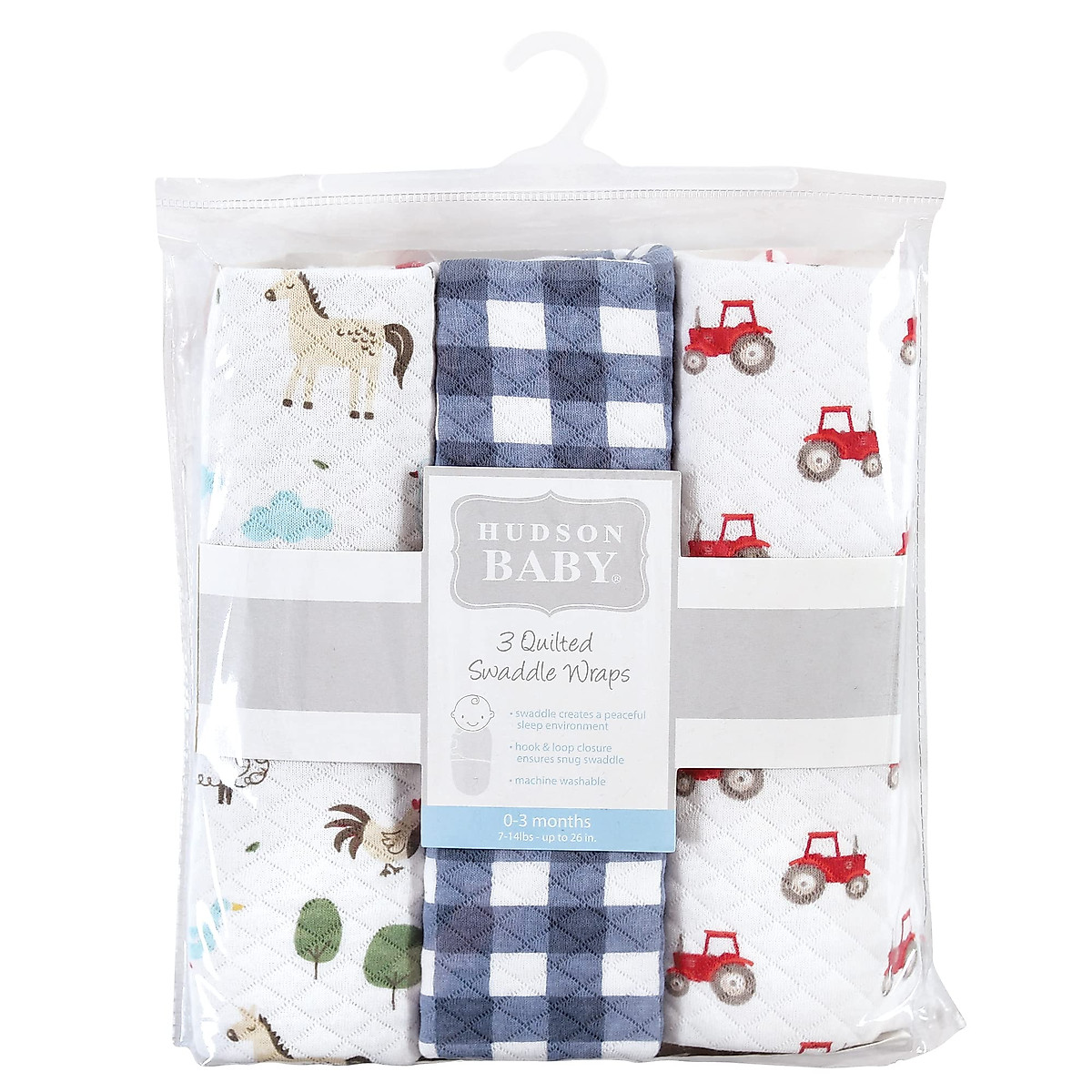 Hudson Baby Unisex Baby Quilted Cotton Swaddle Wrap 3pk, Boy Farm Animals, 0-3 Months