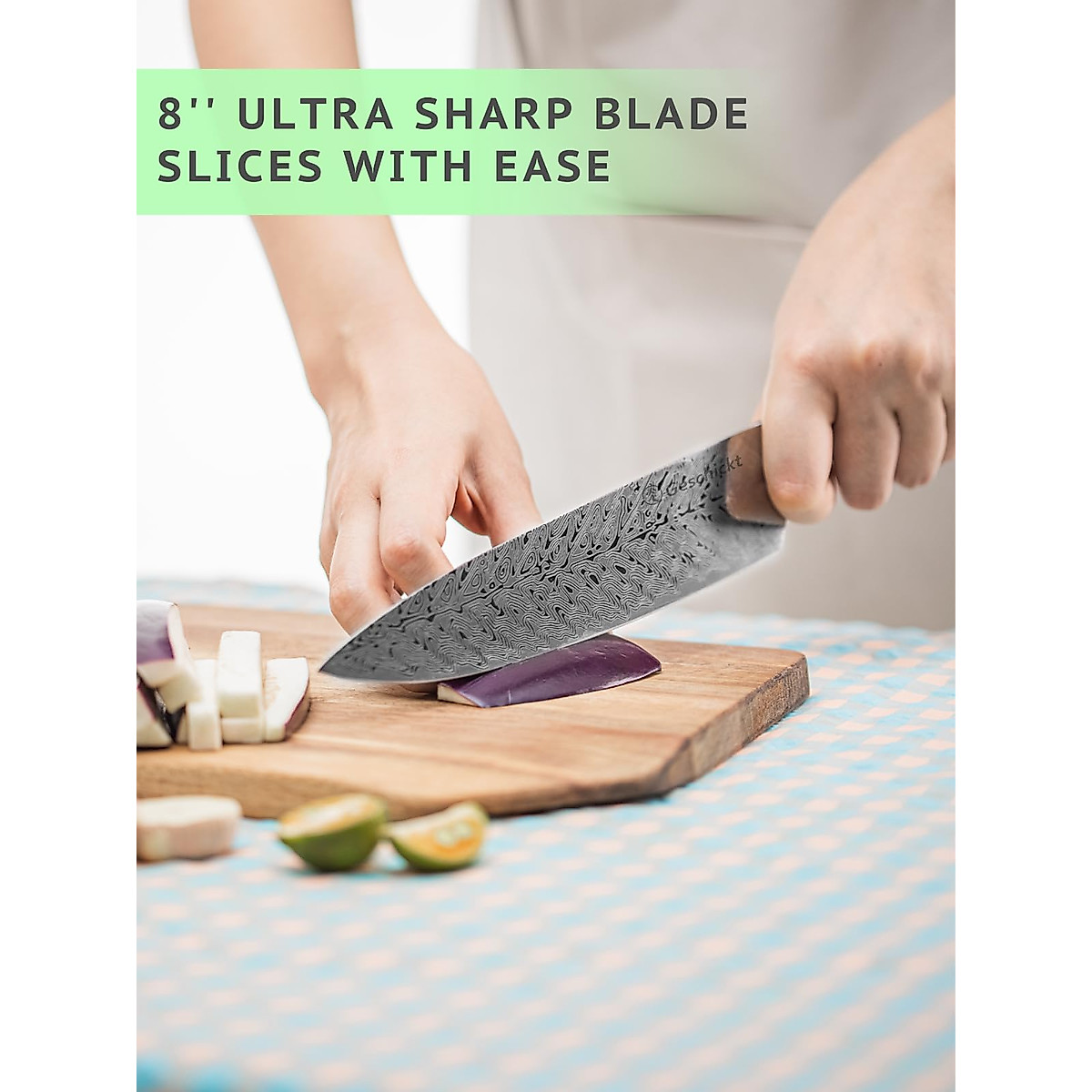 Geschickt Chef knife, Kitchen Knife 8'' with Improved Thicker Handle for Comfort & Balance, Razor Sharp Forged Full Tang Knife, High Carbon Stainless Steel, Ergonomic Design, Grey