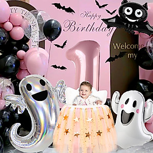 Dripykiaa 16Pcs Spooky One Balloon Set 40" Pink One Year Old Balloon Bouquet for First Birthday Bat Ghost Foil Helium Balloons Birthday Helloween Party Decorations Party Supplies Backdrops for Girl