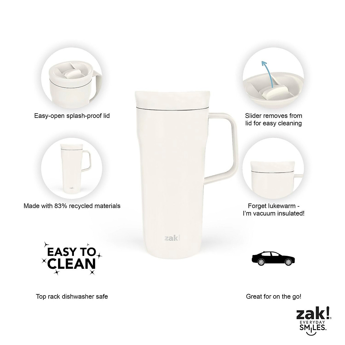Zak Designs Harmony Tumbler for Travel or At Home, 20oz Recycled Stainless Steel is Splash-Proof and Vacuum Insulated with Slide Lid and Handle (Cream White)