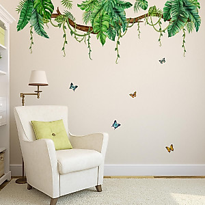 NXUEBDU Jungle Wall Decals Tropical Wall Decor Stickers Hanging Vines Palm Leaves Wall Murals Peel and Stick Green Plant with Butterfly Wall Stickers for Bedroom Living Room Wall Decor